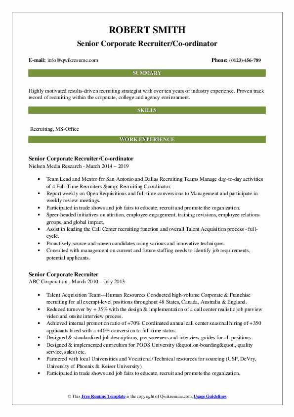 Senior Corporate Recruiter Resume Samples | QwikResume