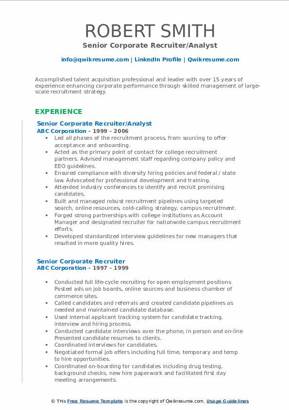 Senior Corporate Recruiter Resume Samples | QwikResume