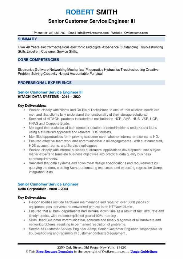 Senior Customer Service Engineer Resume Samples | QwikResume