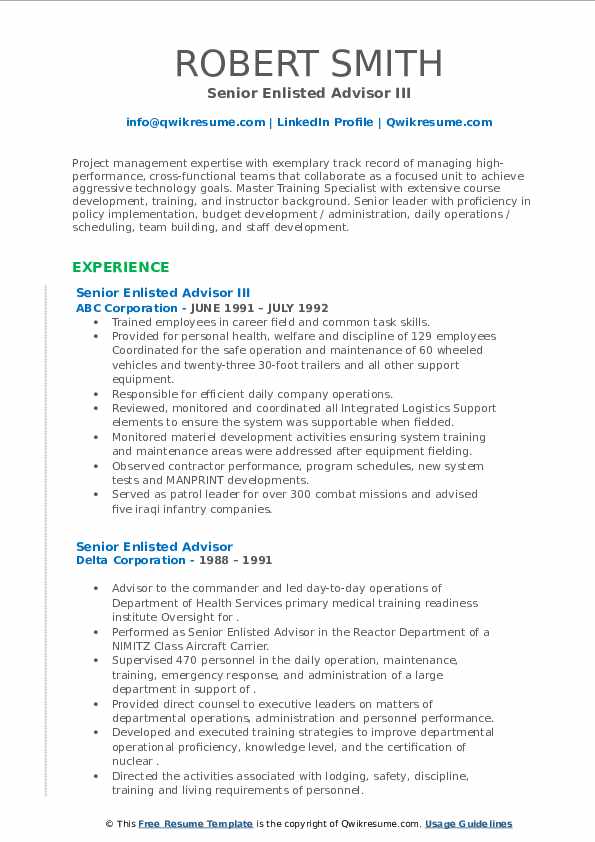 Senior Enlisted Advisor Resume Samples | QwikResume