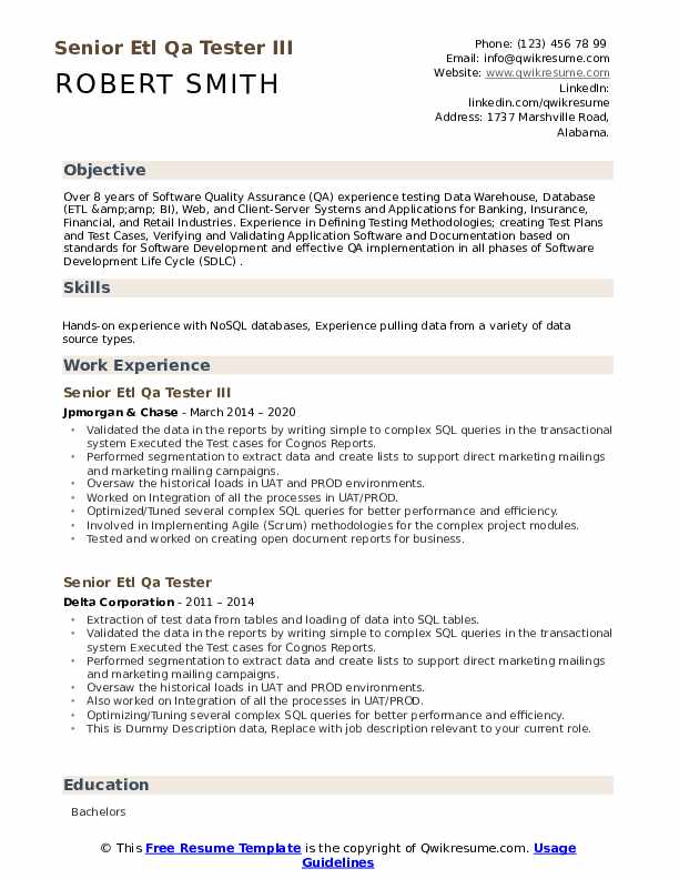Senior ETL QA Tester Resume Samples | QwikResume Senior ETL QA Tester Resume Samples | QwikResume