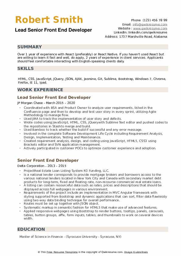 Senior Front End Developer Resume Samples QwikResume