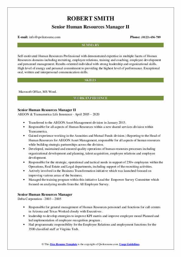 Senior Human Resources Manager Resume Samples QwikResume