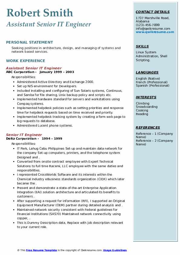 Senior IT Engineer Resume Samples | QwikResume