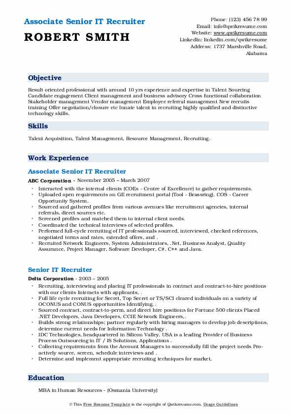 Senior IT Recruiter Resume Samples | QwikResume