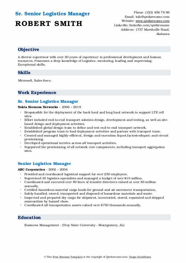 Logistics Manager Resume Sample