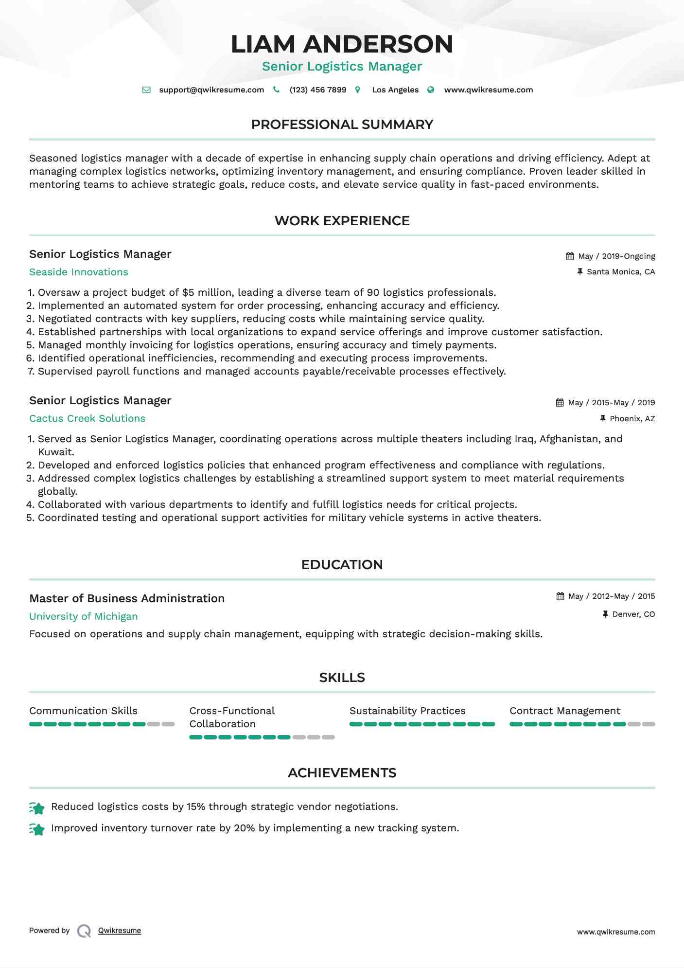 Senior Logistics Manager Resume Samples QwikResume