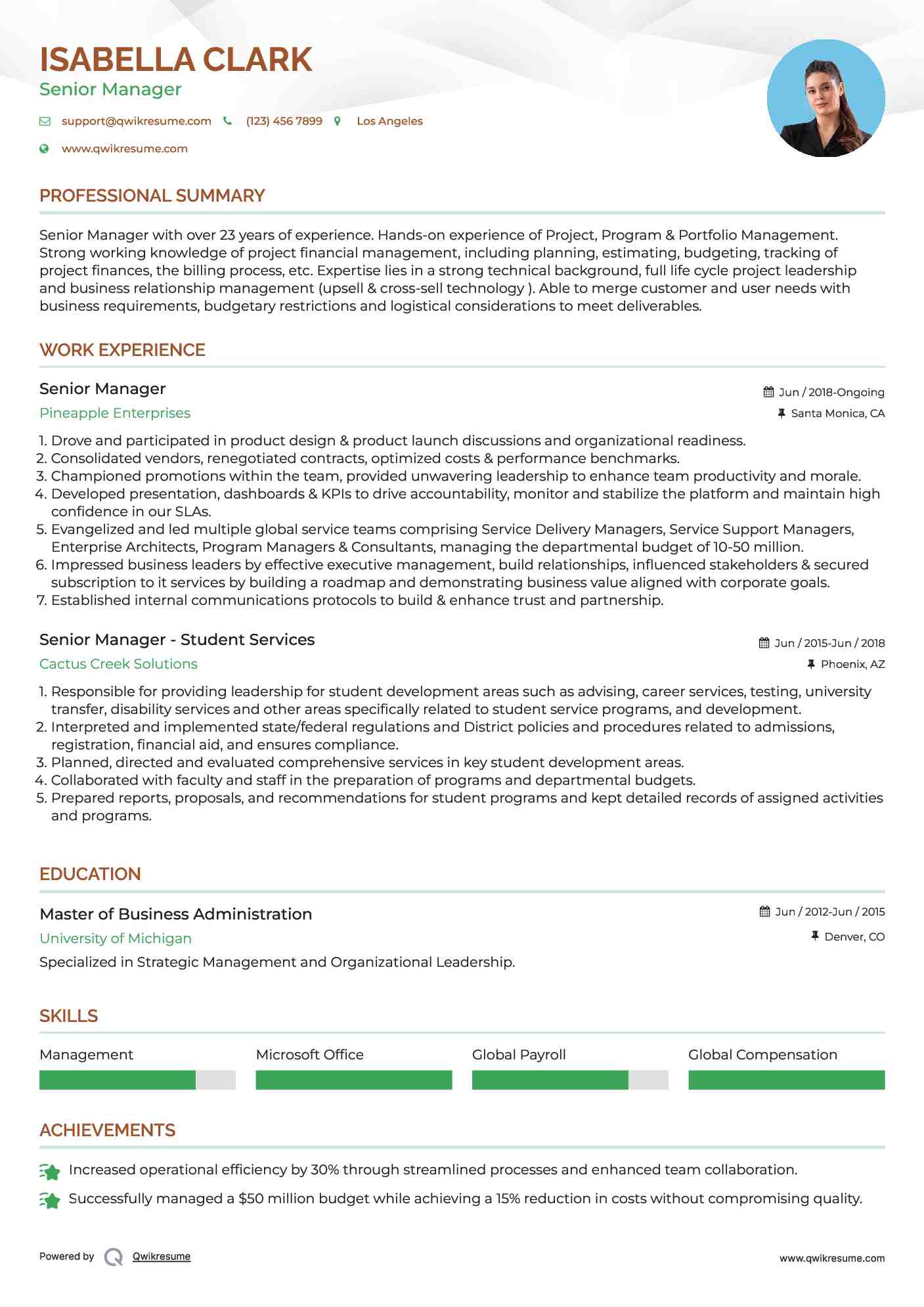 Senior Manager Resume Samples QwikResume