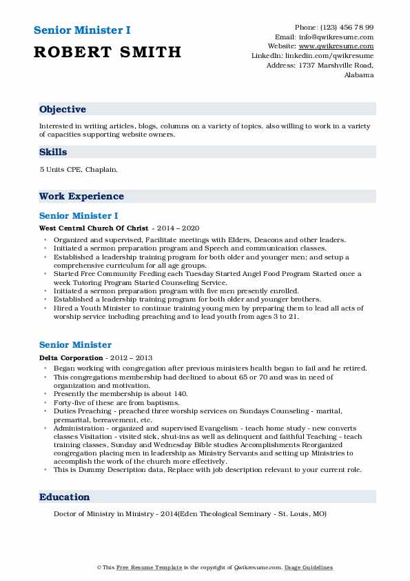 Senior Minister Resume Samples | QwikResume