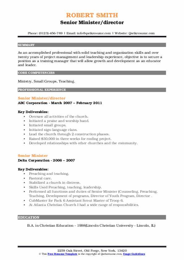 Minister Resume Example S