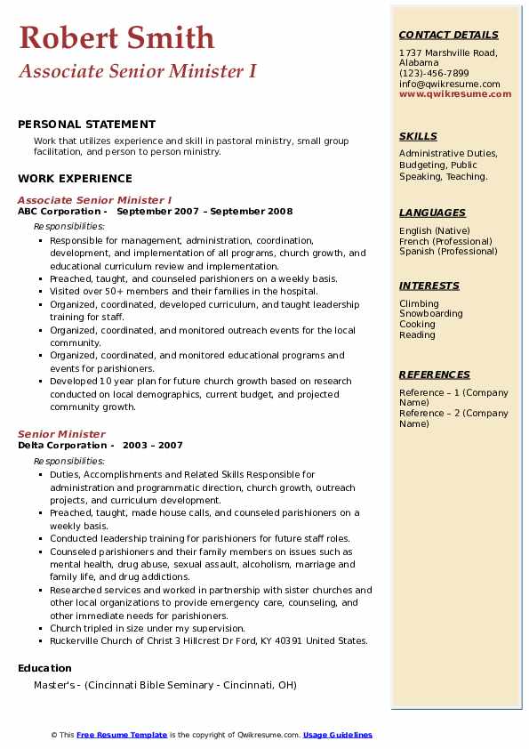 Senior Minister Resume Samples | QwikResume