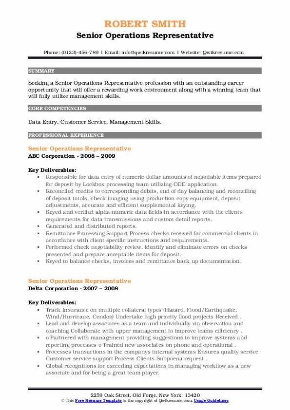 Senior Operations Representative Resume Samples | QwikResume