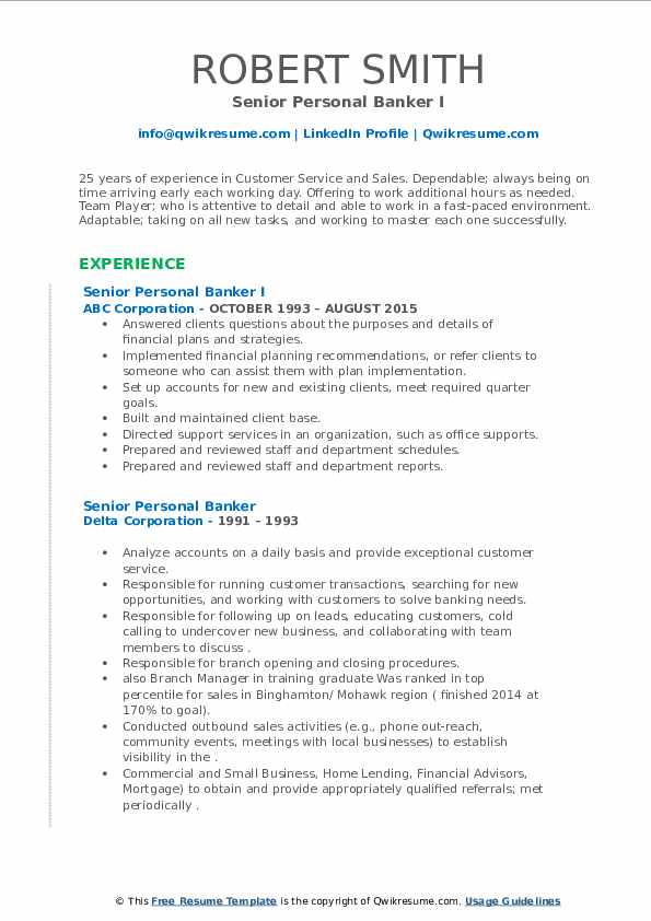 Senior Personal Banker Resume Samples | QwikResume