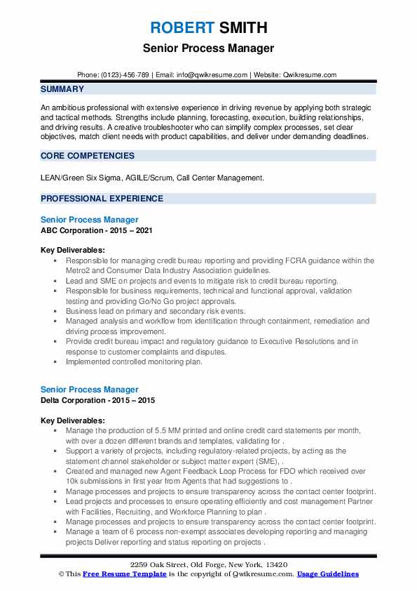 Senior Process Manager Resume Samples | QwikResume