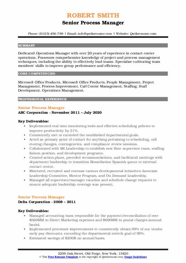 Senior Process Manager Resume Samples | QwikResume
