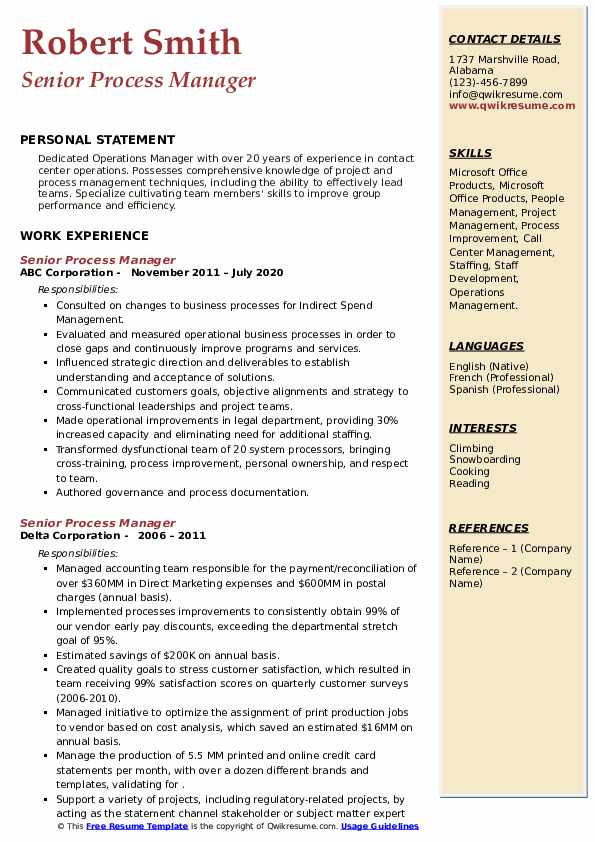 Senior Process Manager Resume Samples | QwikResume