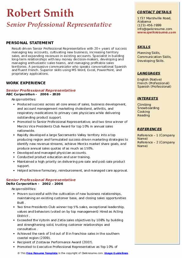 Senior Professional Representative Resume Samples | QwikResume