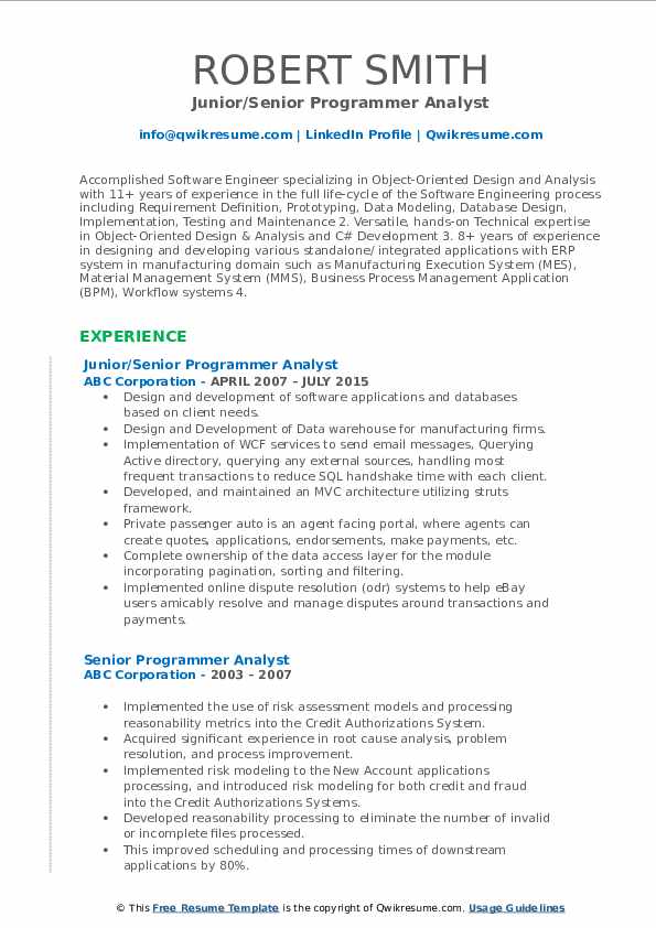 Senior Programmer Analyst Resume Samples | QwikResume