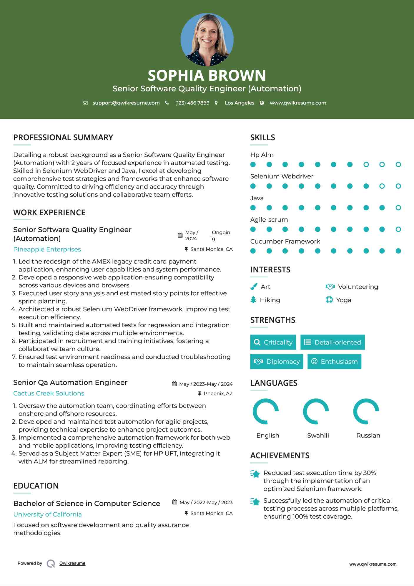 Senior QA Automation Engineer Resume Samples QwikResume