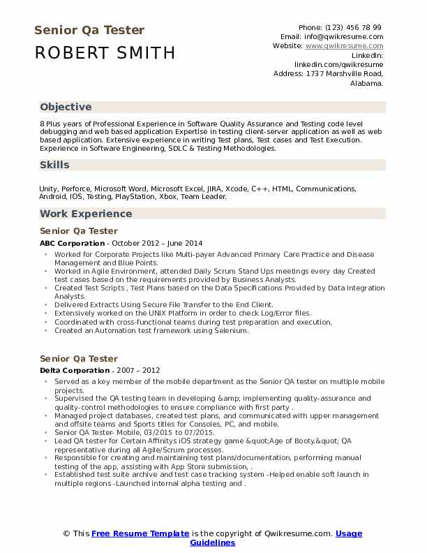 Senior QA Tester Resume Samples | QwikResume
