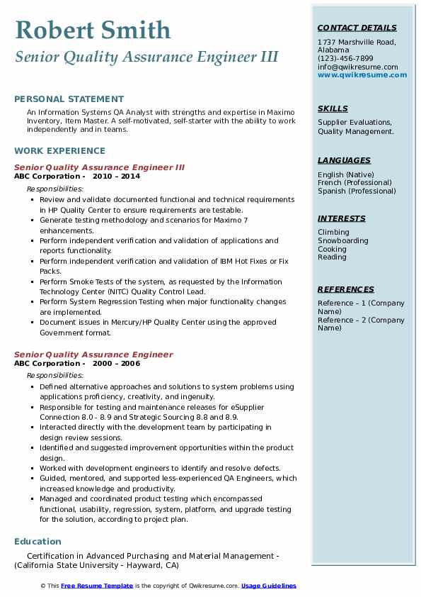 Senior Quality Assurance Engineer Resume Samples | QwikResume
