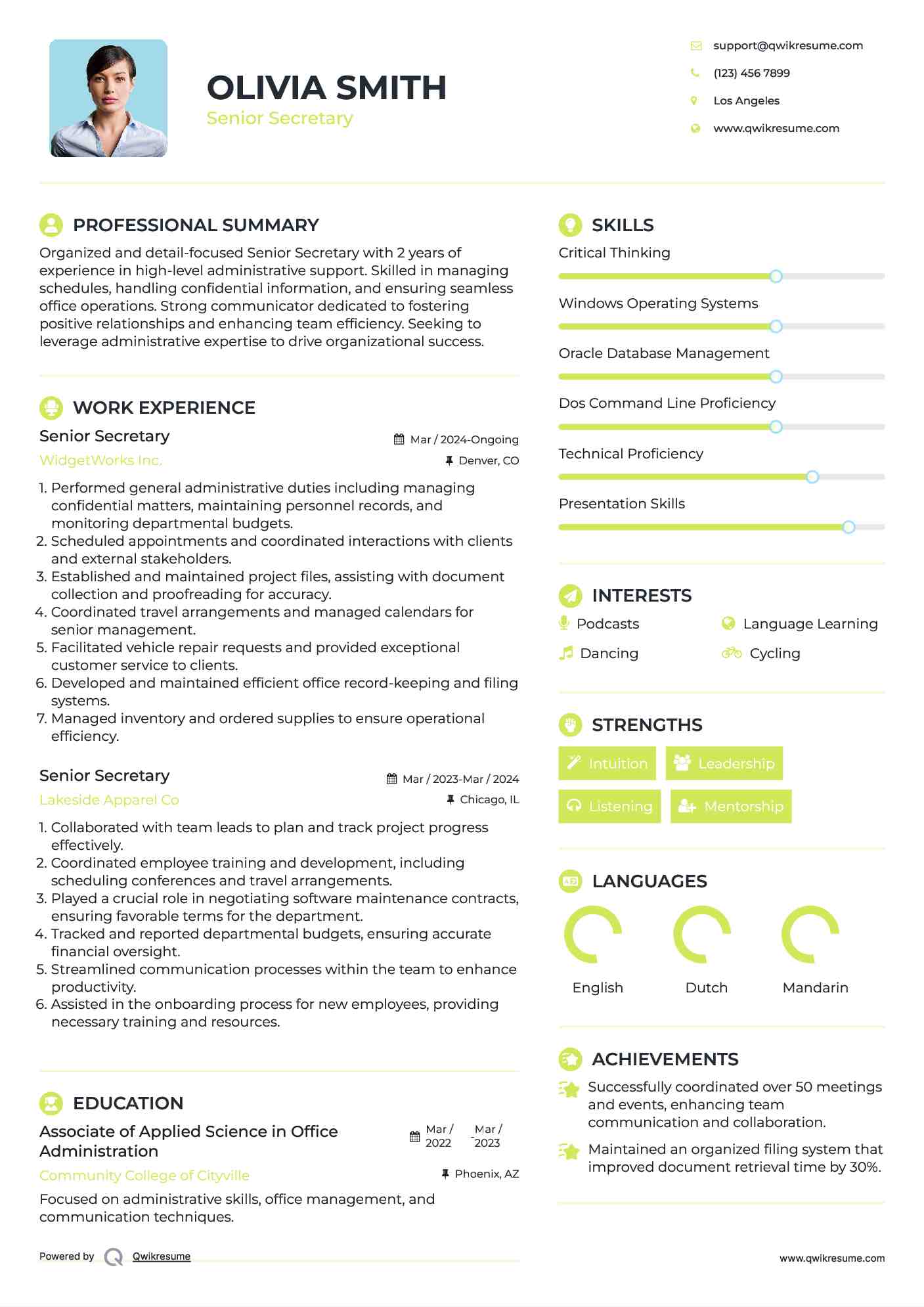 Senior Secretary Resume Samples QwikResume