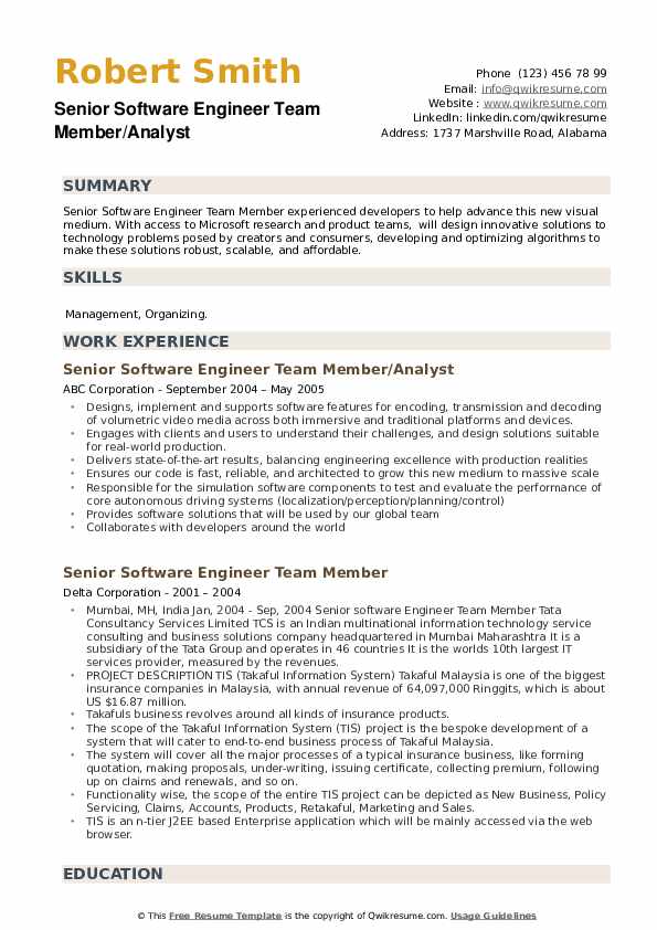 Senior Software Engineer Team Member Resume Samples | QwikResume Senior Software Engineer Team Member Resume Samples | QwikResume