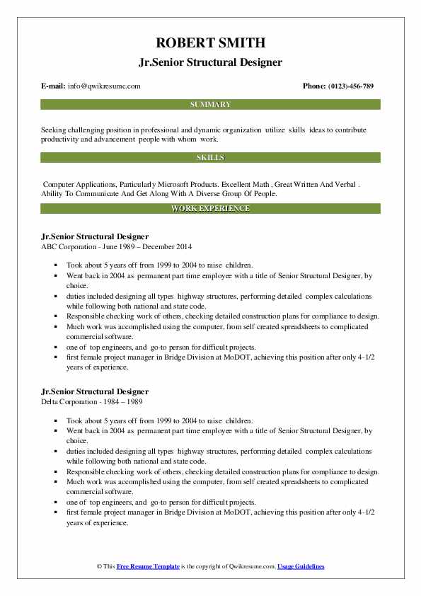 Senior Structural Designer Resume Samples | QwikResume