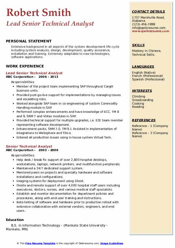 Senior Technical Analyst Resume Samples | QwikResume