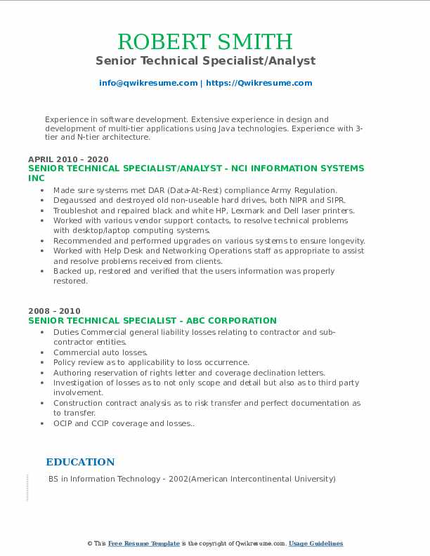 Senior Technical Specialist Resume Samples | QwikResume