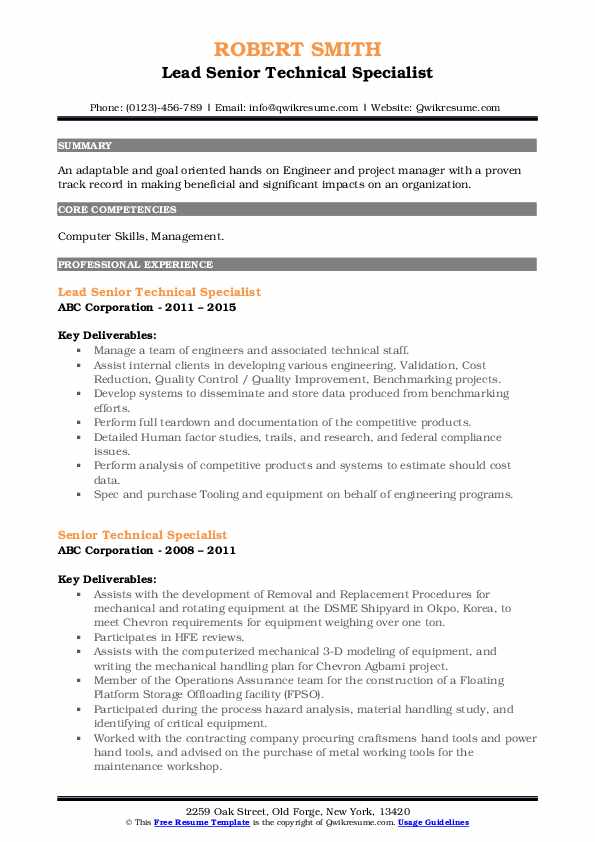 Senior Technical Specialist Resume Samples | QwikResume