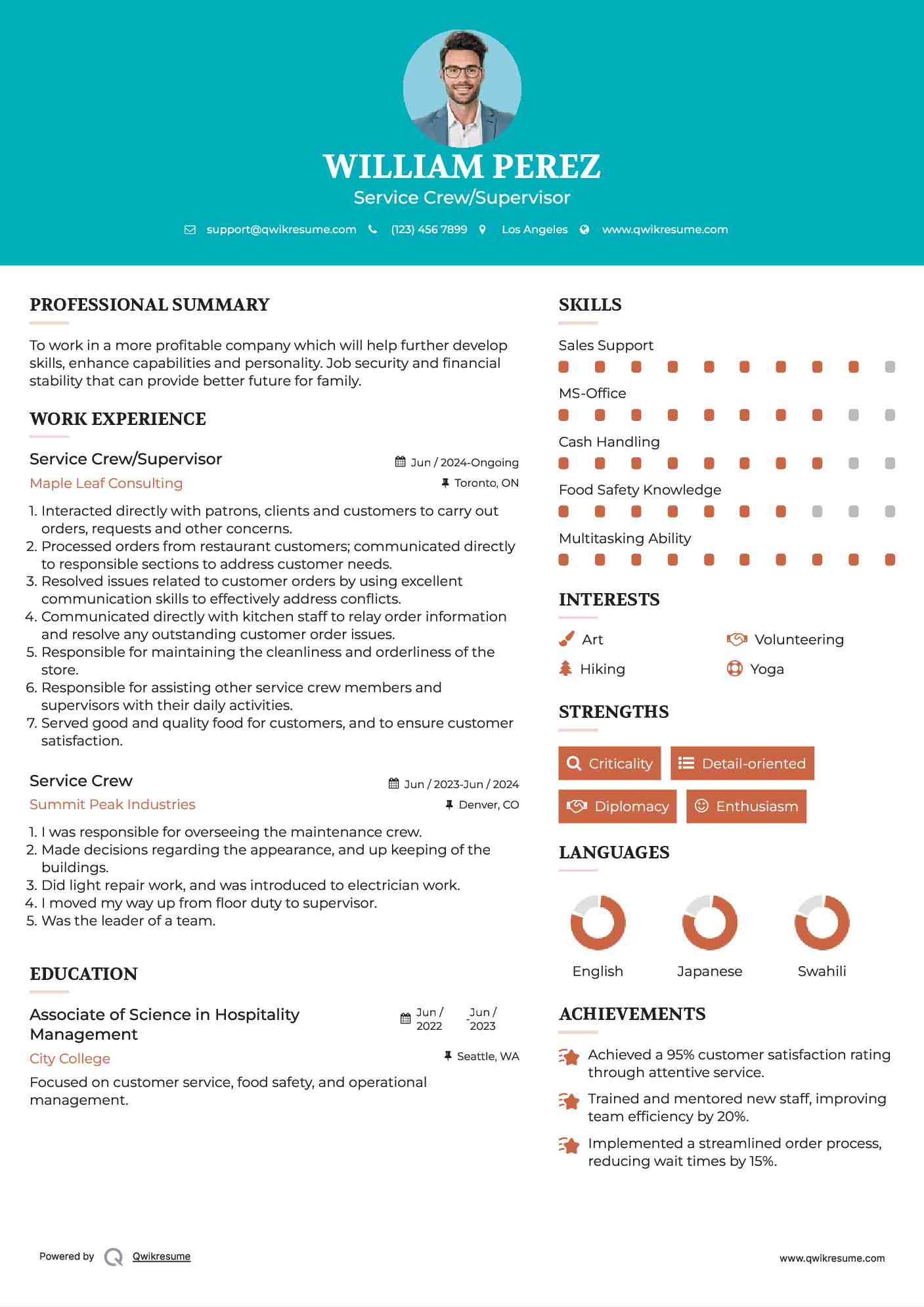 Service Crew Resume Samples QwikResume