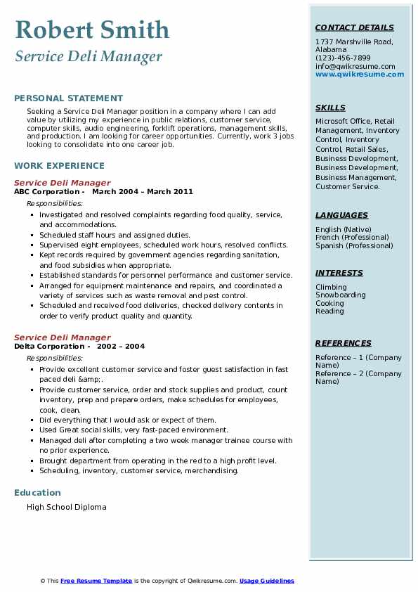Service Deli Manager Resume Samples | QwikResume