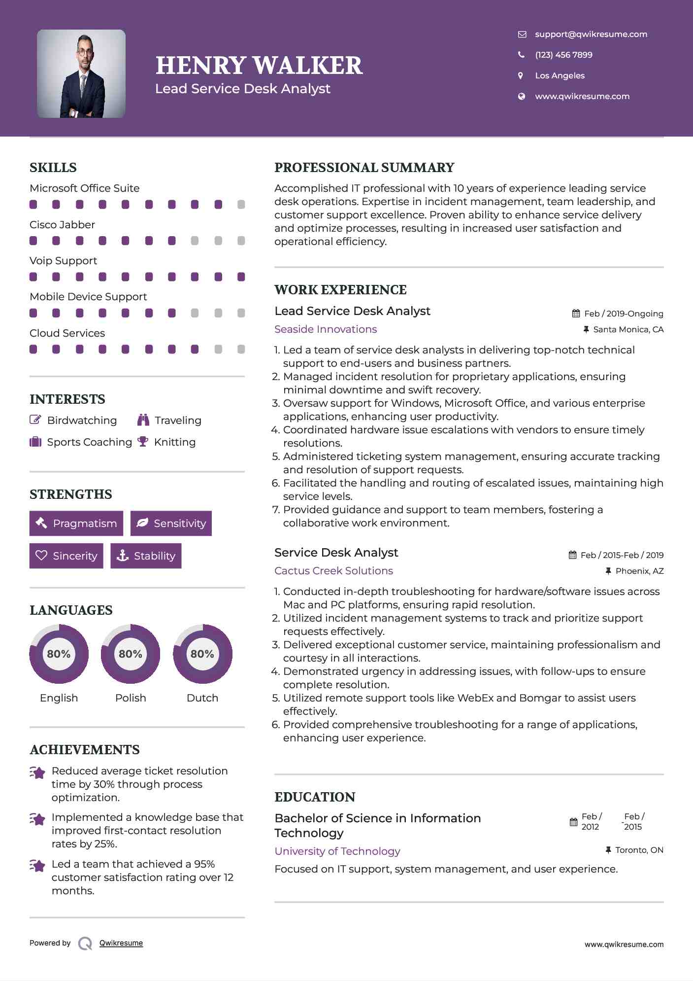 Service Desk Analyst Resume Samples QwikResume