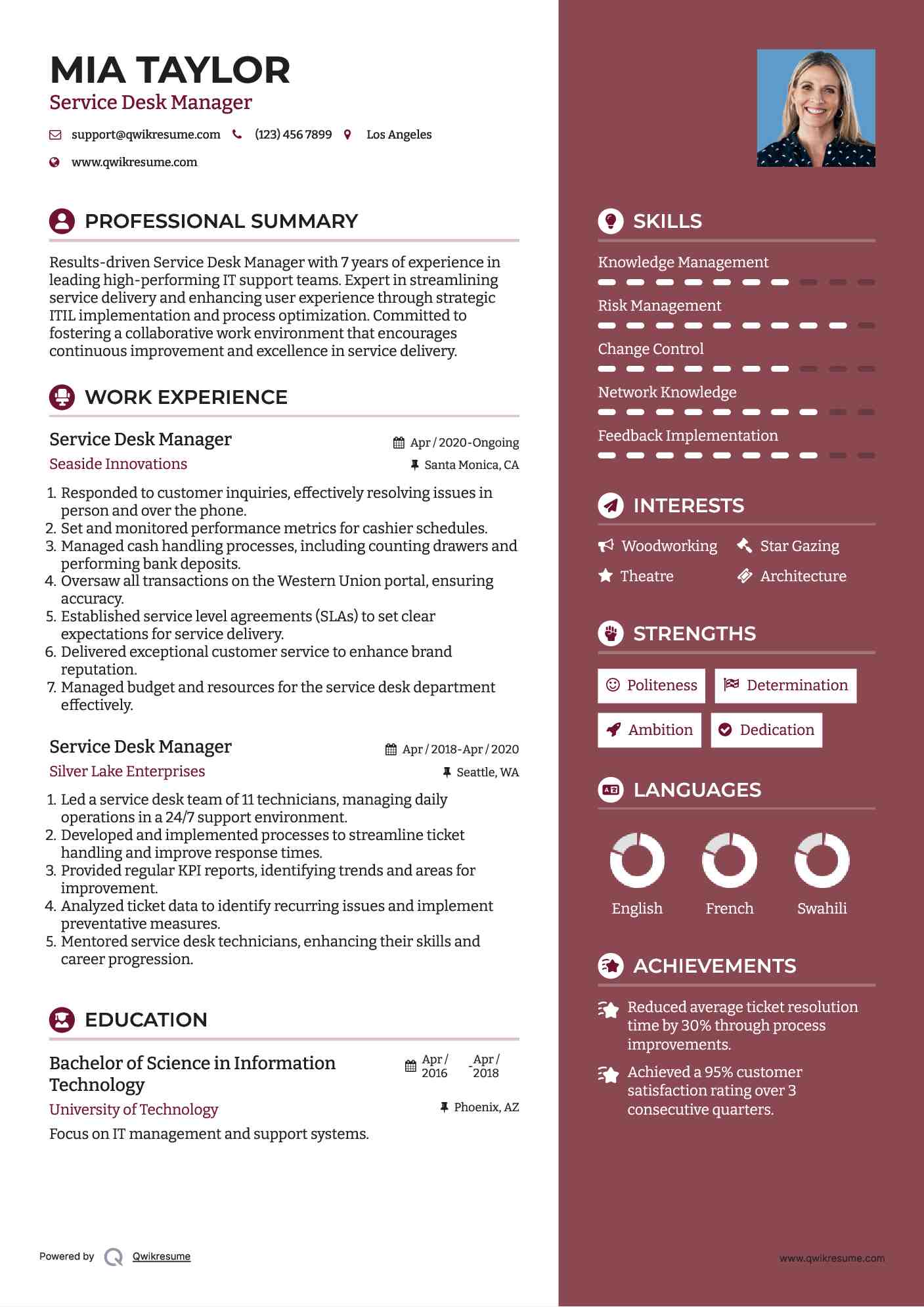 Service Desk Manager Resume Samples QwikResume