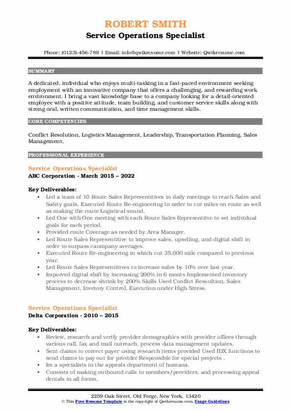 Service Operations Specialist Resume Samples | QwikResume