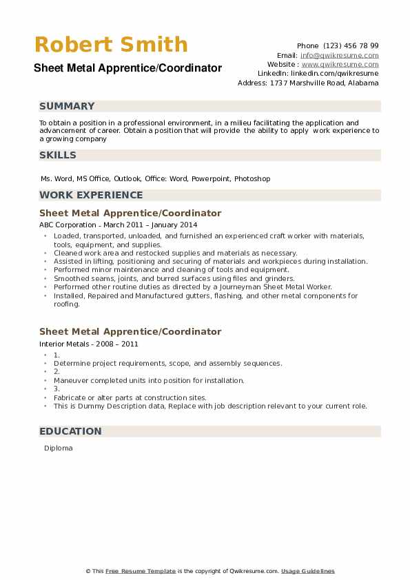 Sheet Metal Apprentice Resume Samples | QwikResume