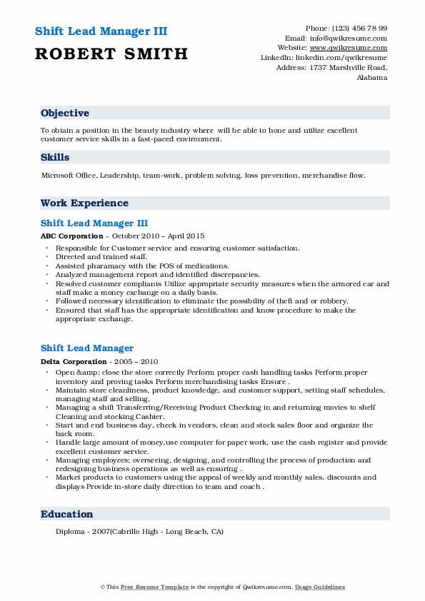Shift Lead Manager Resume Samples QwikResume