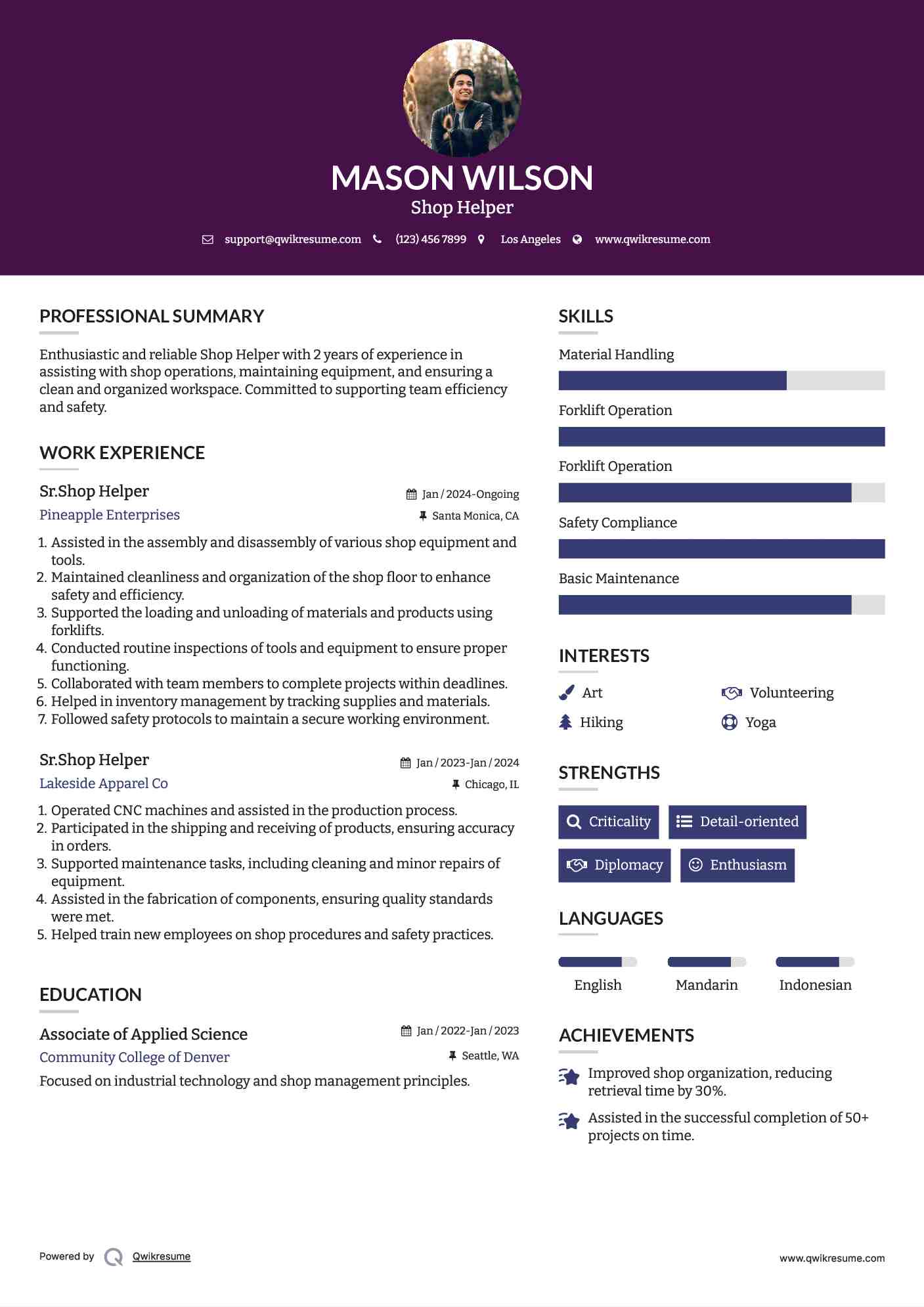 Shop Helper Resume Samples QwikResume