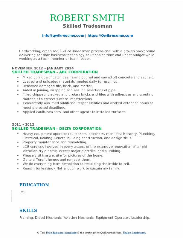 Skilled Tradesman Resume Samples | QwikResume