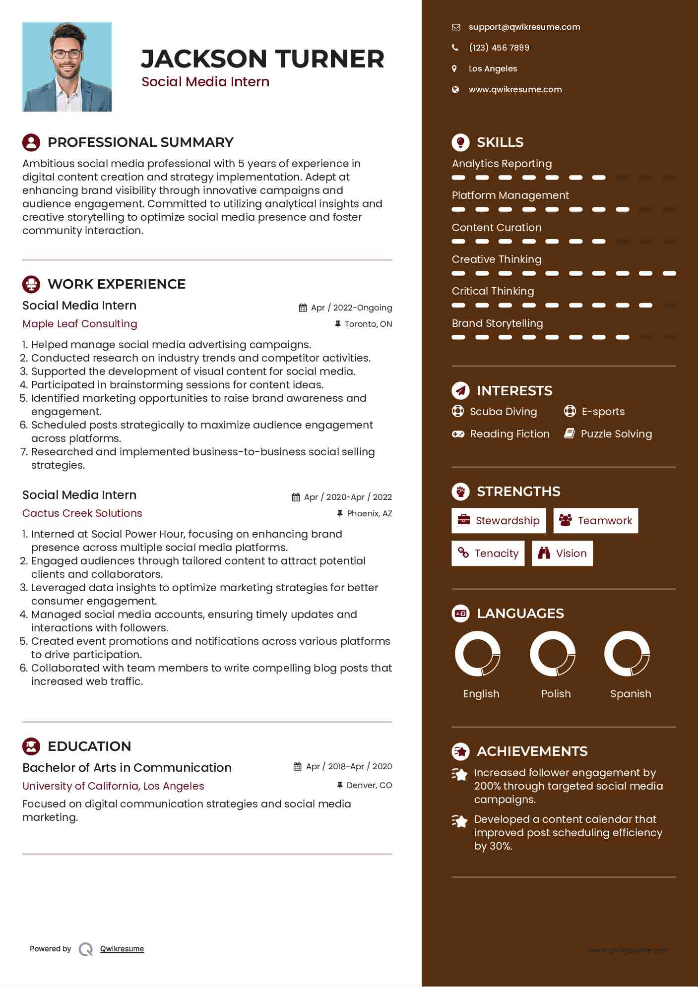 Social Media Intern Resume Samples QwikResume