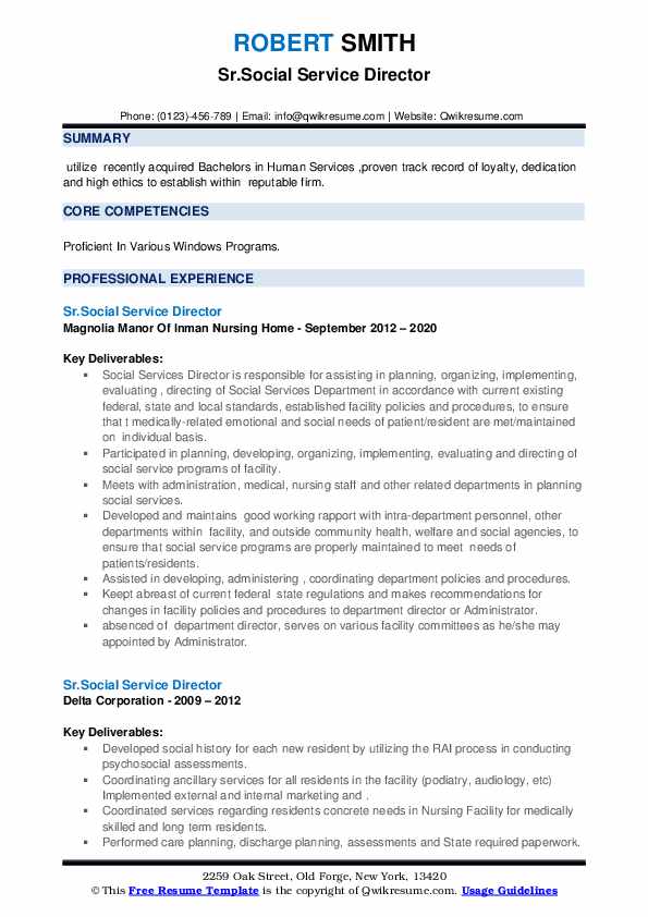 Social Service Director Resume Samples | QwikResume