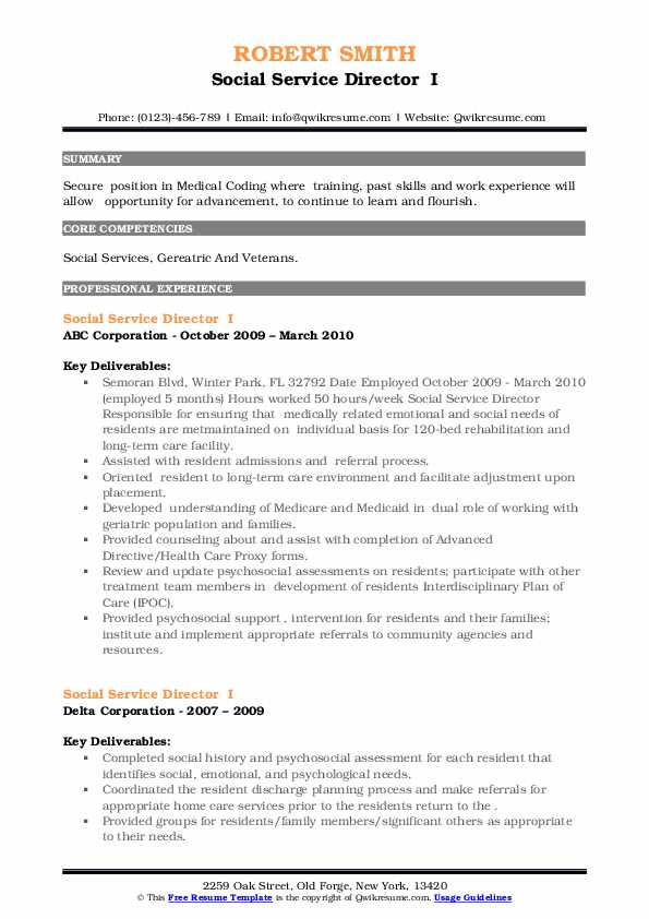 Social Service Director Resume Samples | QwikResume