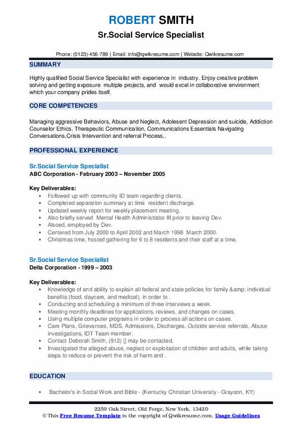 Social Service Specialist Resume Samples | QwikResume