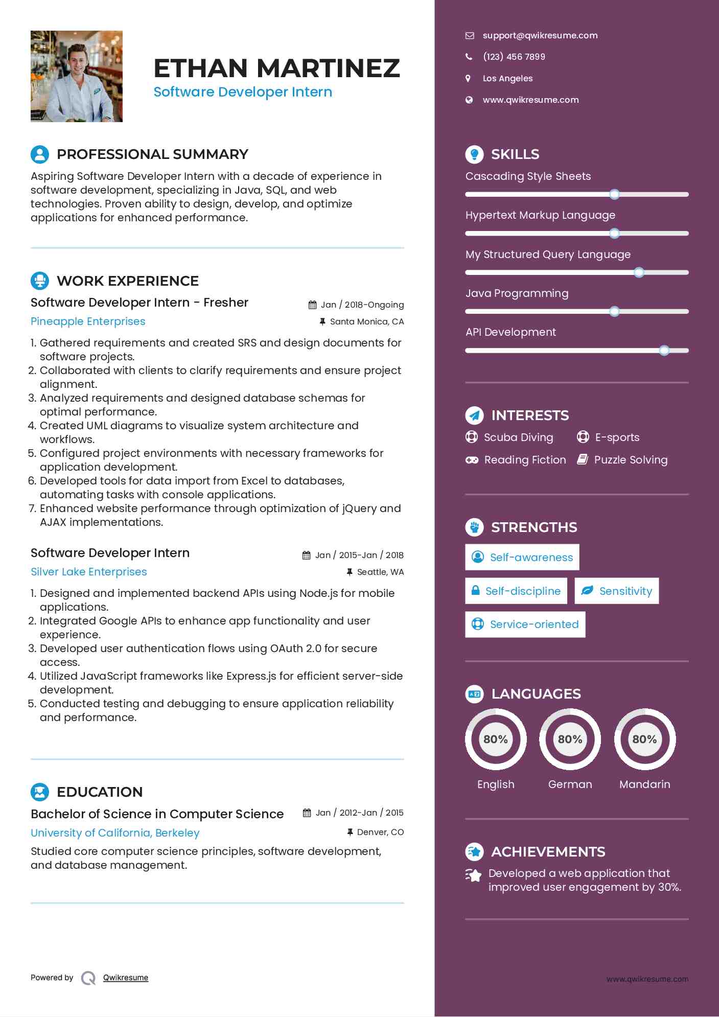 Software Developer Intern Resume Samples QwikResume