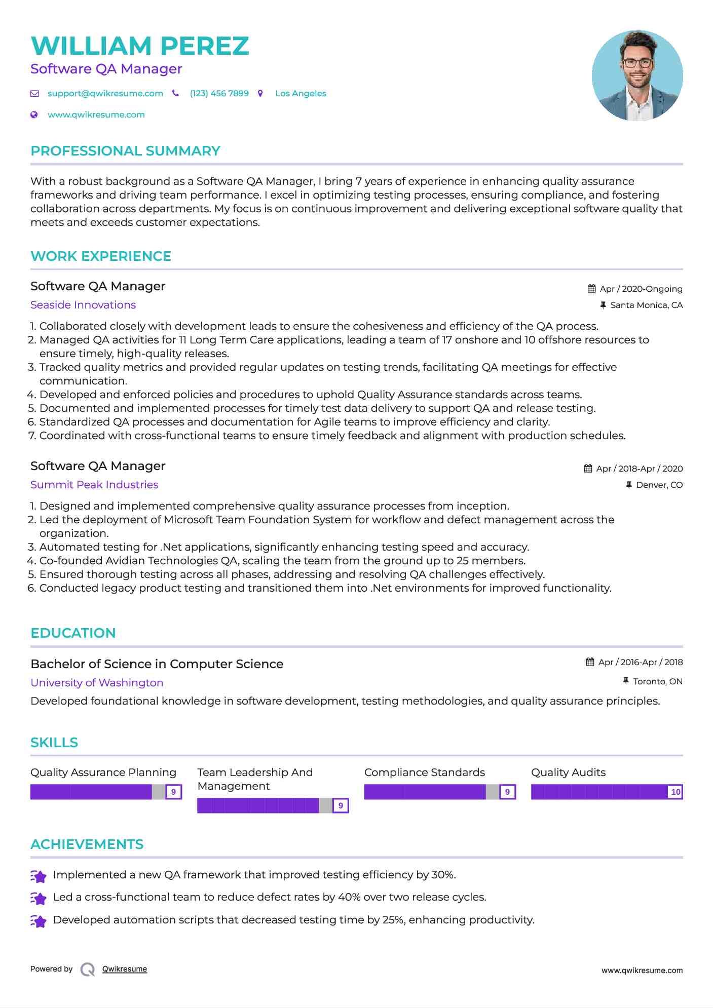 QA Manager Resume Samples | QwikResume