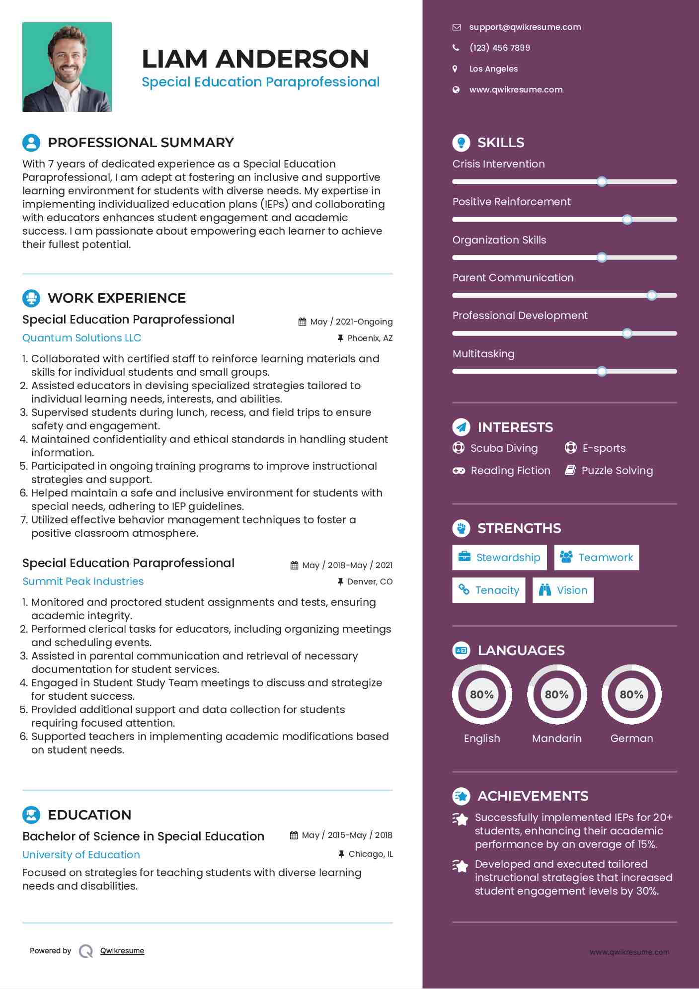 Special Education Paraprofessional Resume Samples QwikResume
