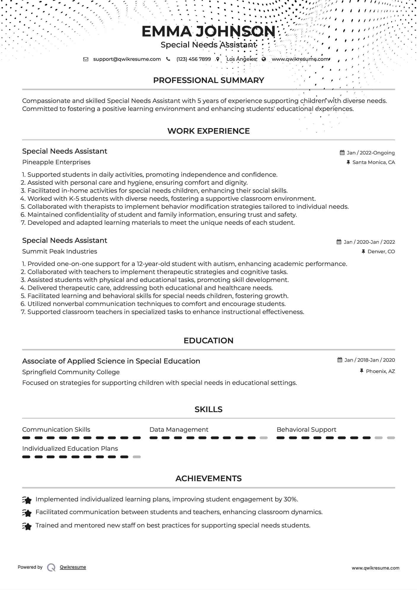 Special Needs Assistant Resume Samples QwikResume