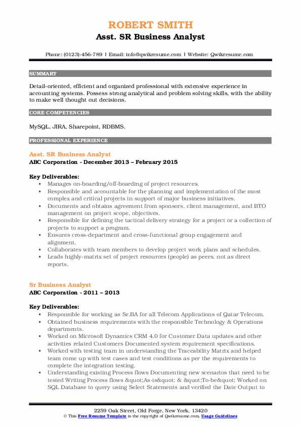 Sr Business Analyst Resume