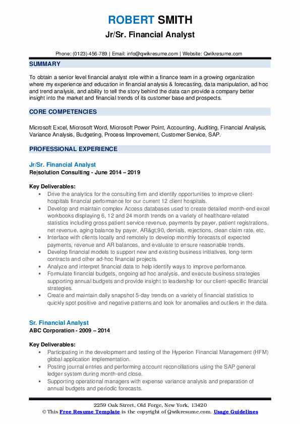 Sr Financial Analyst Resume Samples QwikResume